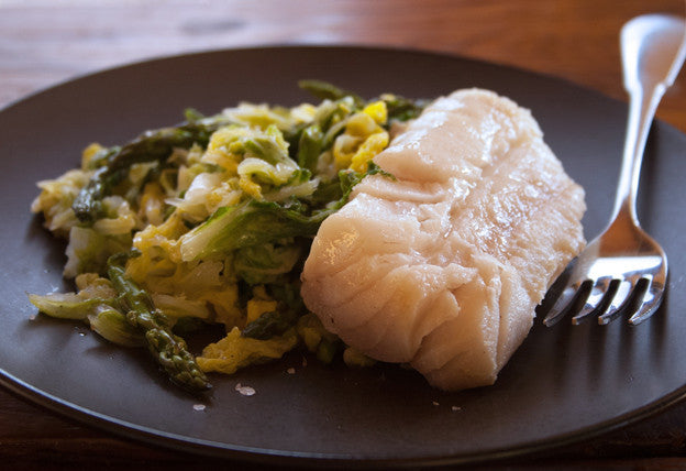 Poached Cod with Savoy Cabbage and Asparagus – Haylie Pomroy